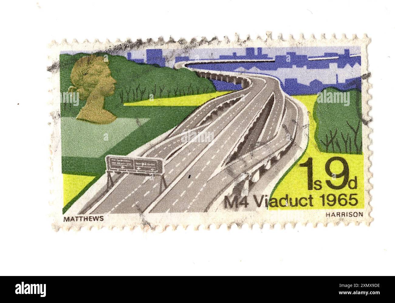 A vintage Queen Elizabeth II postage stamp featuring a British Bridge ...