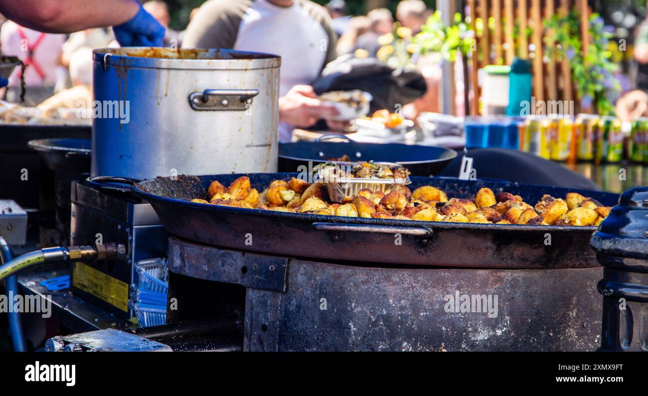 Large outdoor food stall with big frying pan and cooking equipment ...