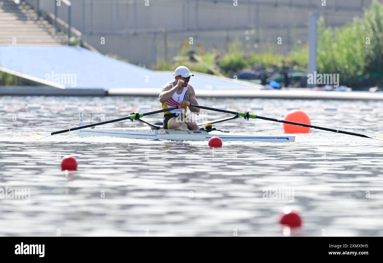 Paris, France. 30th July, 2024. Belgian Tim Brys celebrates after ...
