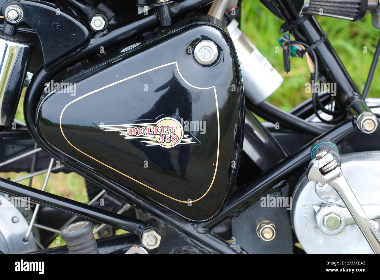Royal Enfield Bullet 350 motorcycle built in India and seen herein the ...