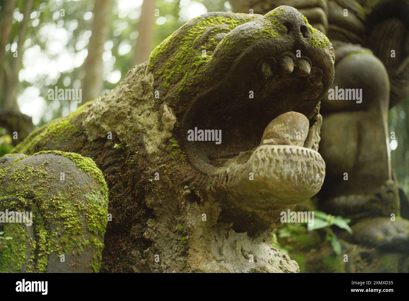 Ubud, Bali, Indonesia - July 9, 2024: A moss-covered carved stone tiger ...