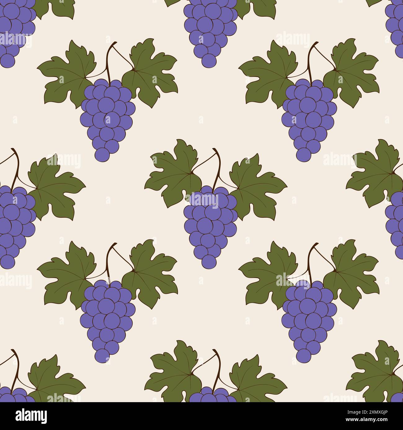 Purple grape seamless pattern, contour doodle drawing of grape berries and leaves. Vector ...