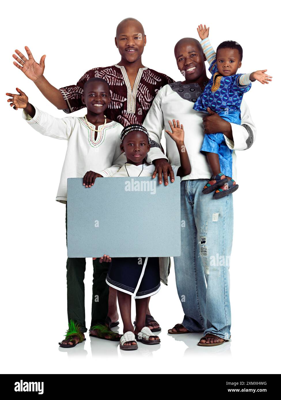 African family, portrait and sign blank in studio for culture, gay ...