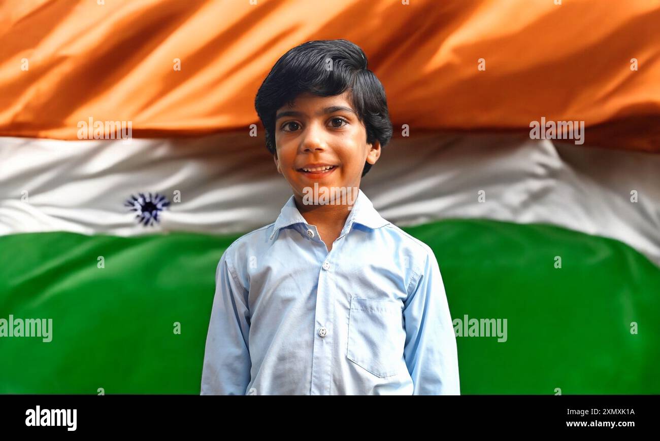 Indian poor village girl standing against indian flag color background ...