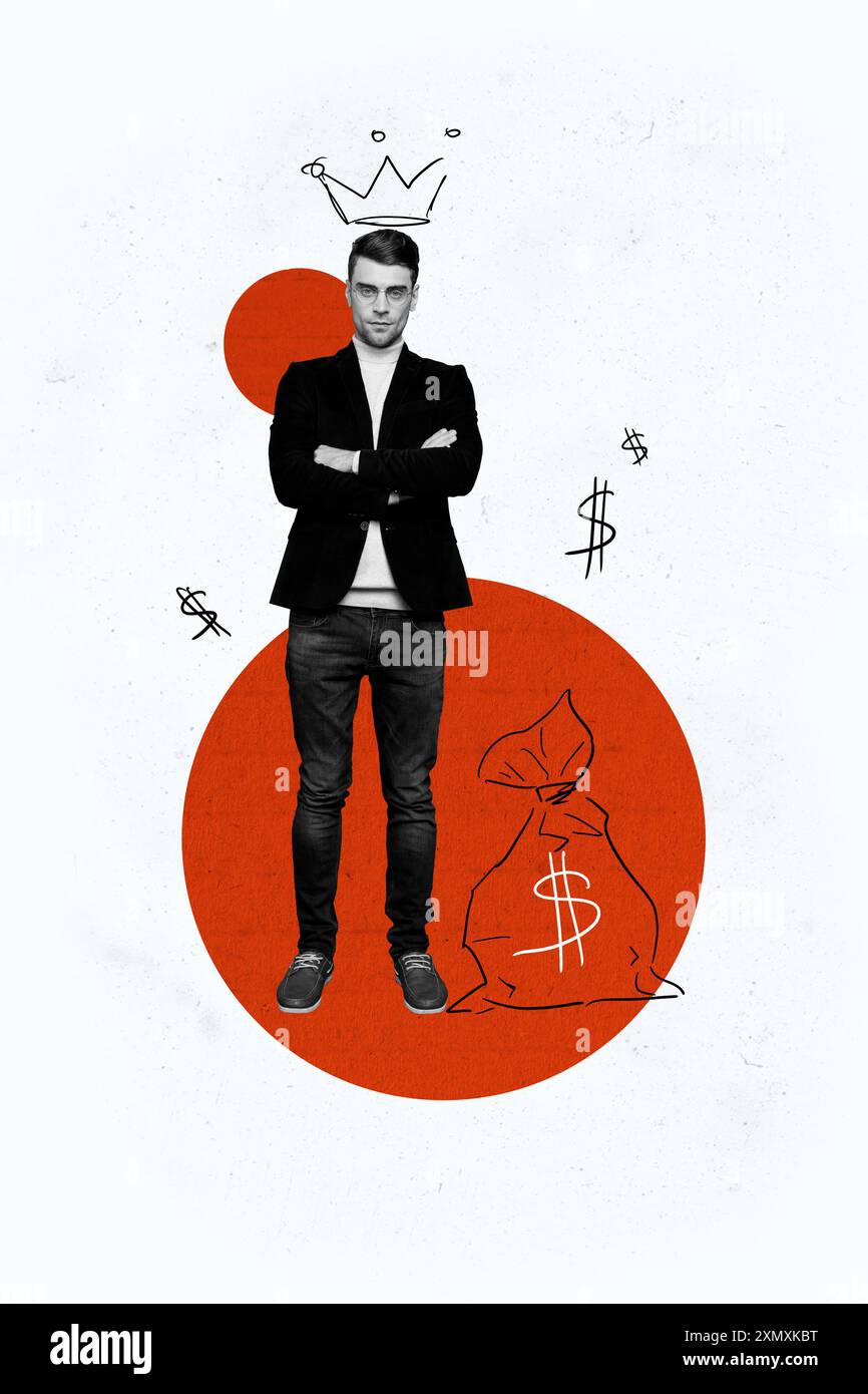 Creative trend collage of rich young man king wear crown money sack ...