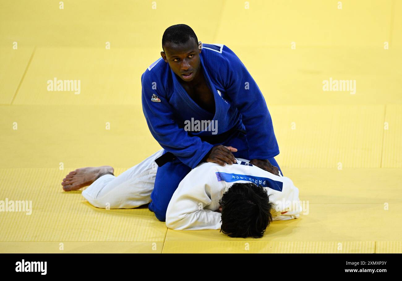Paris, France. 30th July, 2024. Azerbaijani Zelim Tckaev (white gi) and ...