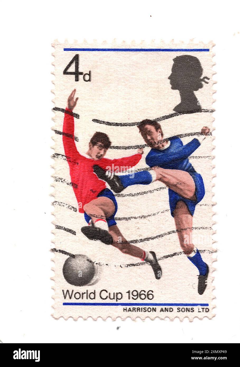 A vintage Queen Elizabeth II postage stamp featuring the World Cup 1966 ...
