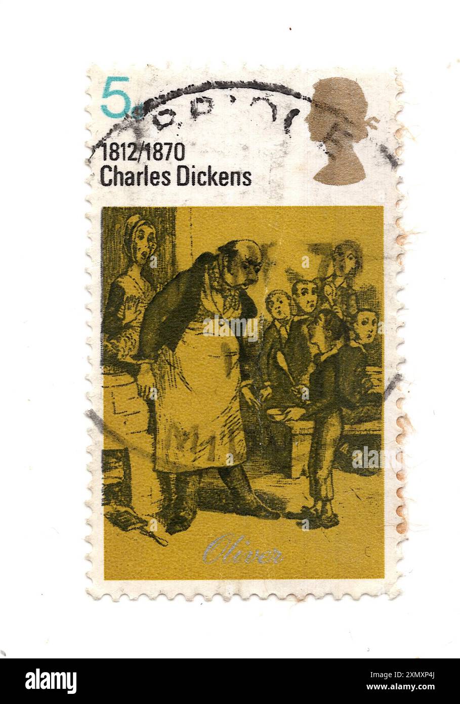 A vintage Queen Elizabeth II postage stamp featuring Dickens on a white ...