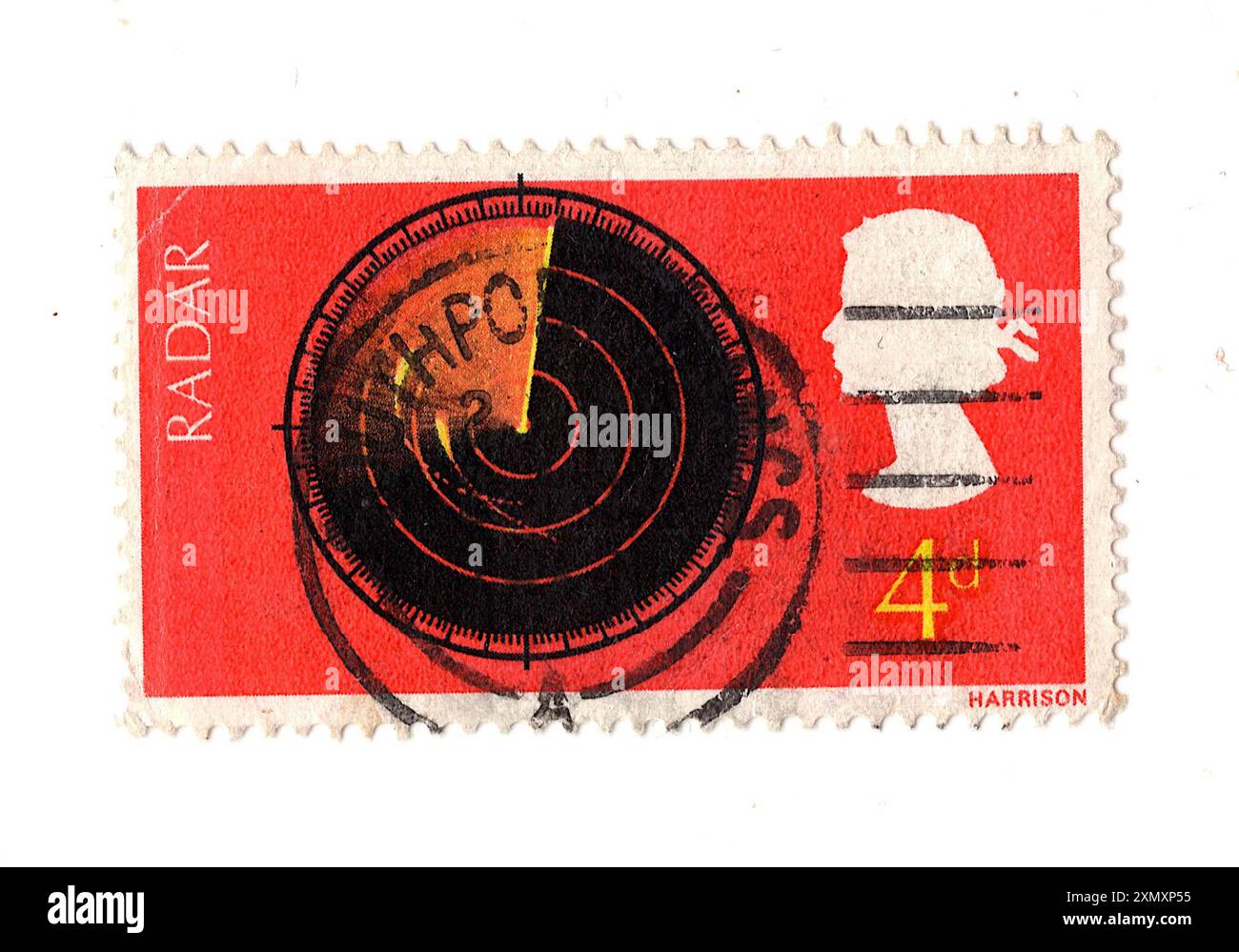 A vintage Queen Elizabeth II postage stamp featuring Radar on a white ...