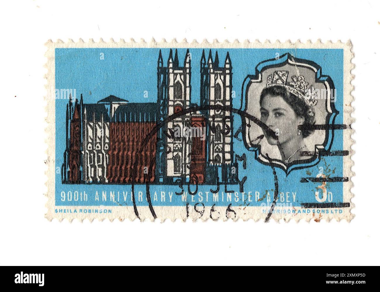 A vintage Queen Elizabeth II postage stamp featuring Westminster Abbey ...