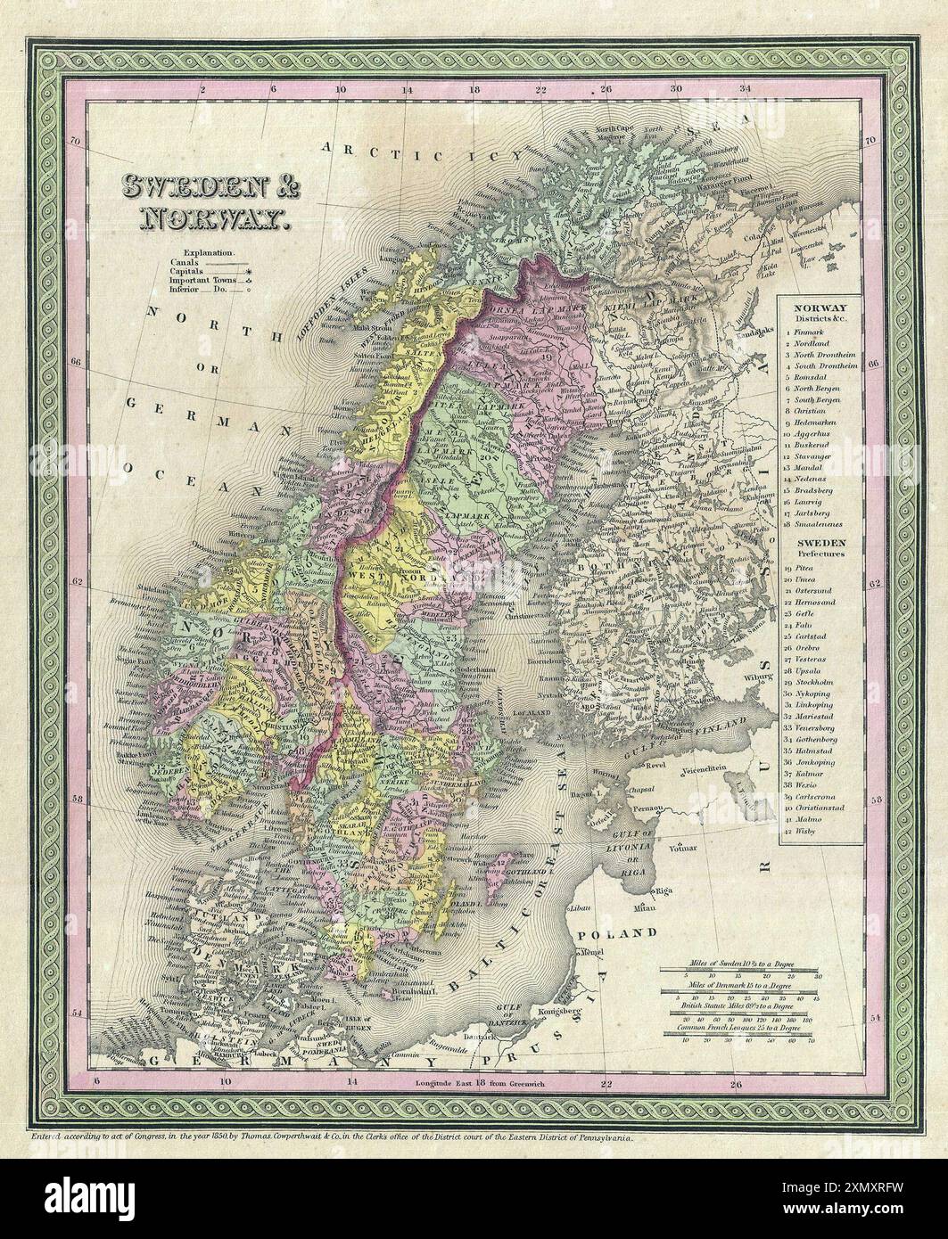 Vintage Scandinavian Map. Sweden and Norway. S. A. Mitchell 1850 map of ...