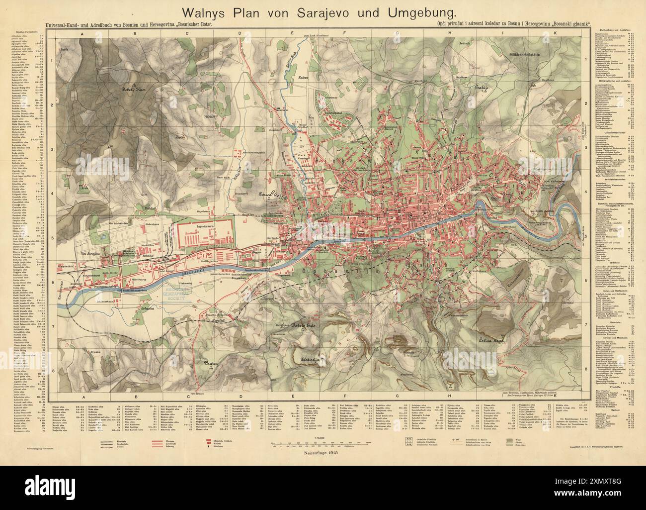 Vintage city map, with relief. 1912 map of Sarajevo. display streets ...