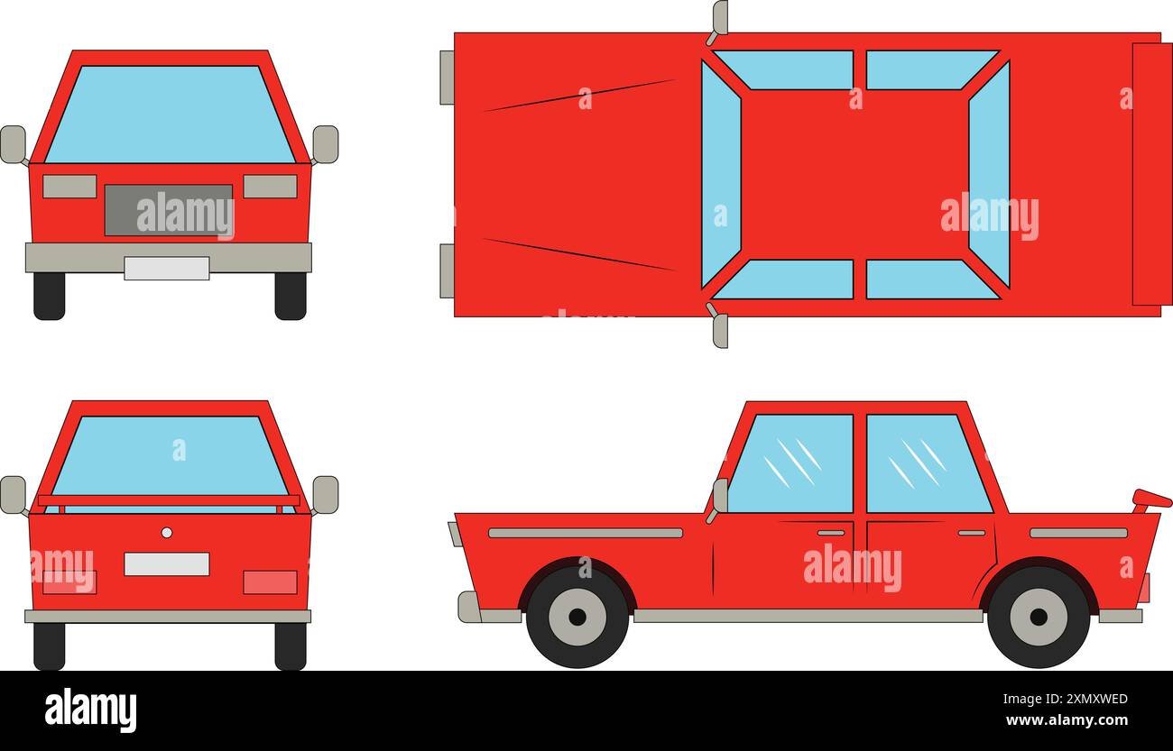 Vector illustration of flat car set in flat design style. front, back ...
