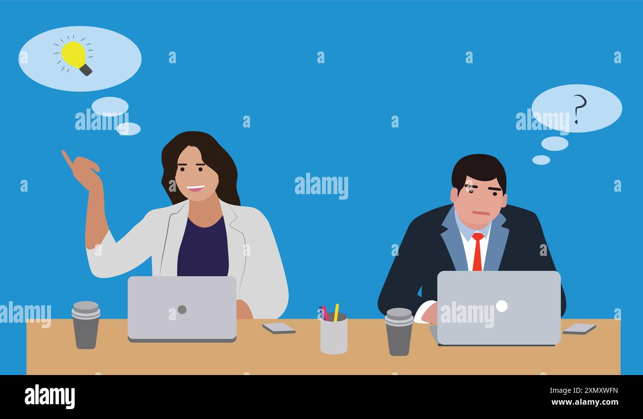 Vector illustration of working professional thinking over an idea Stock ...