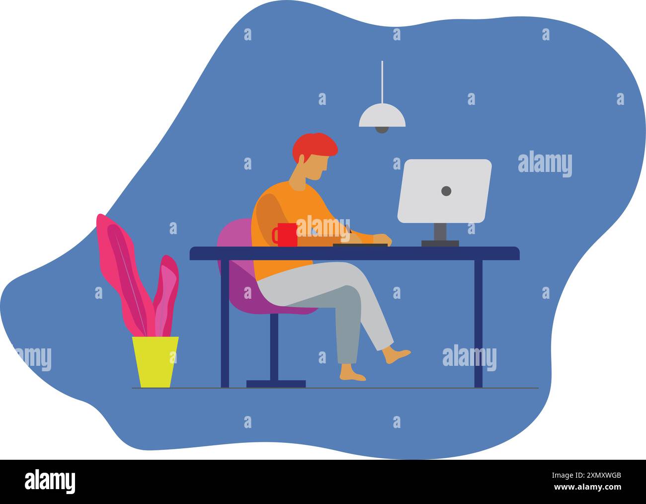 Vector illustration of man working at home with laptop on desk. concept ...