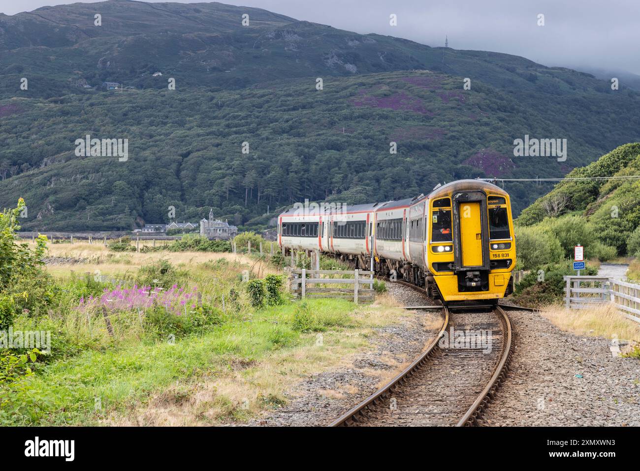 Transport for Wales (TfW) diesel unit, Class 158 "Sprinter" approaching ...