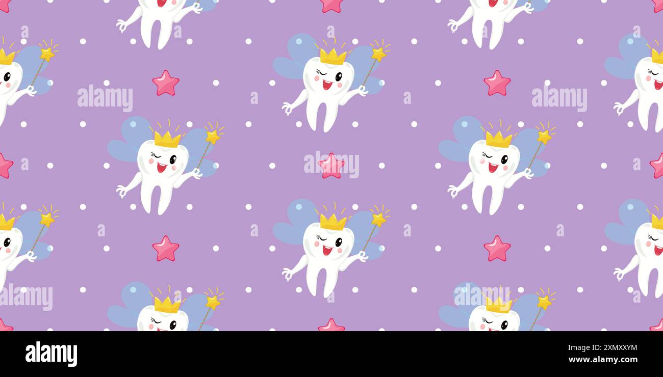 Seamless pattern featuring a cute tooth fairy with a sparkling tiara ...