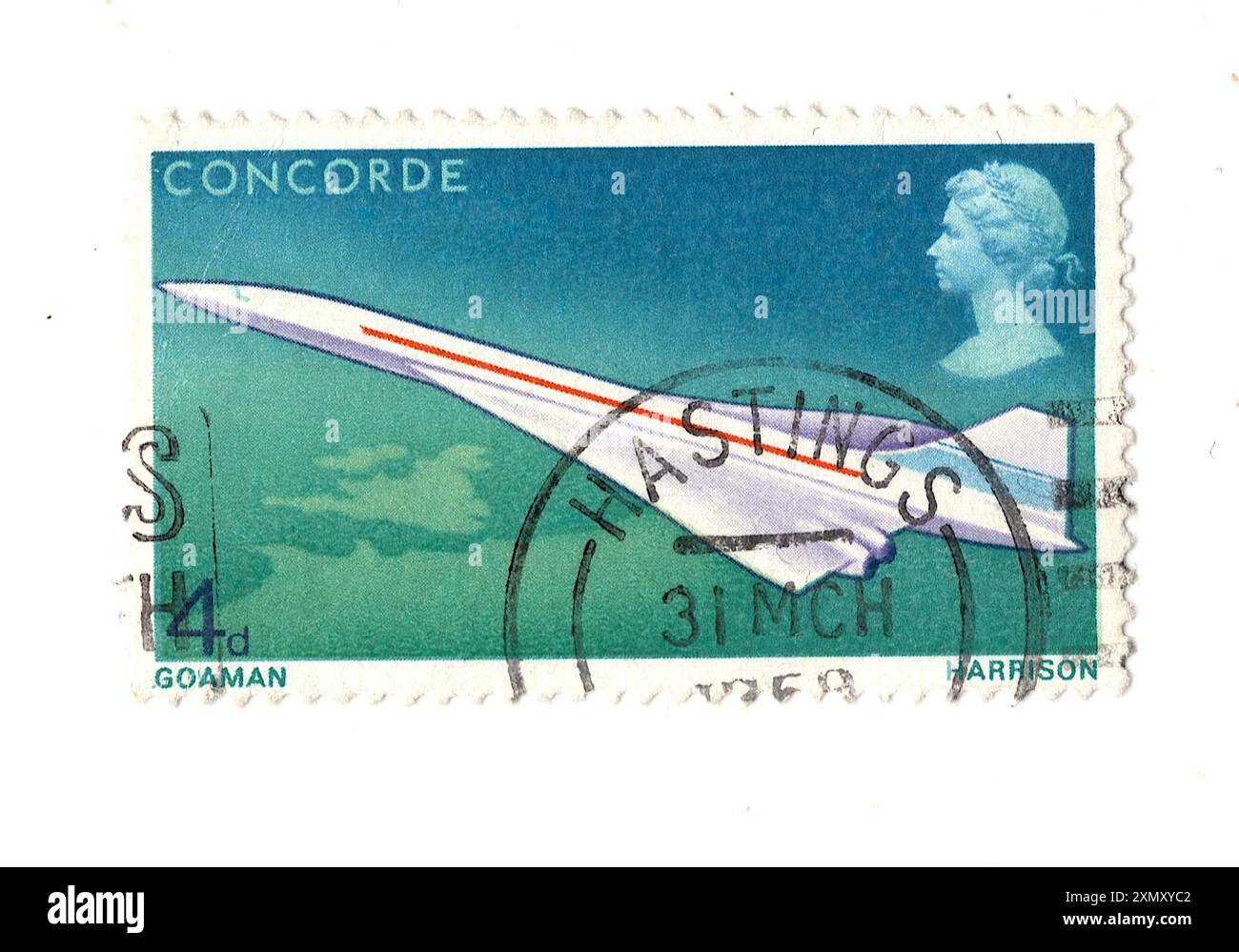 A vintage Queen Elizabeth II postage stamp featuring Concorde on a ...
