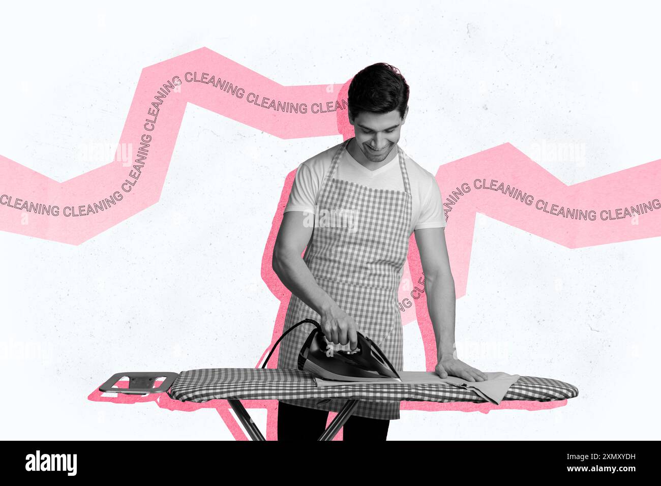 Creative collage young man ironing clothes duty service houseworker ...