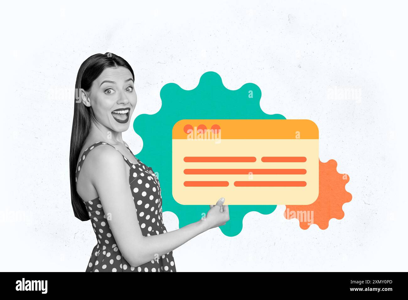 Creative collage picture young woman app window interface internet ...