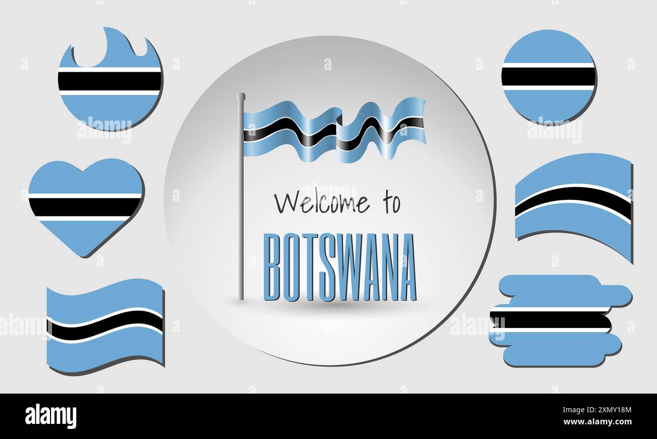 Set of Botswana flags and waving Botswana flag in vector with the inscription Welcome to ...