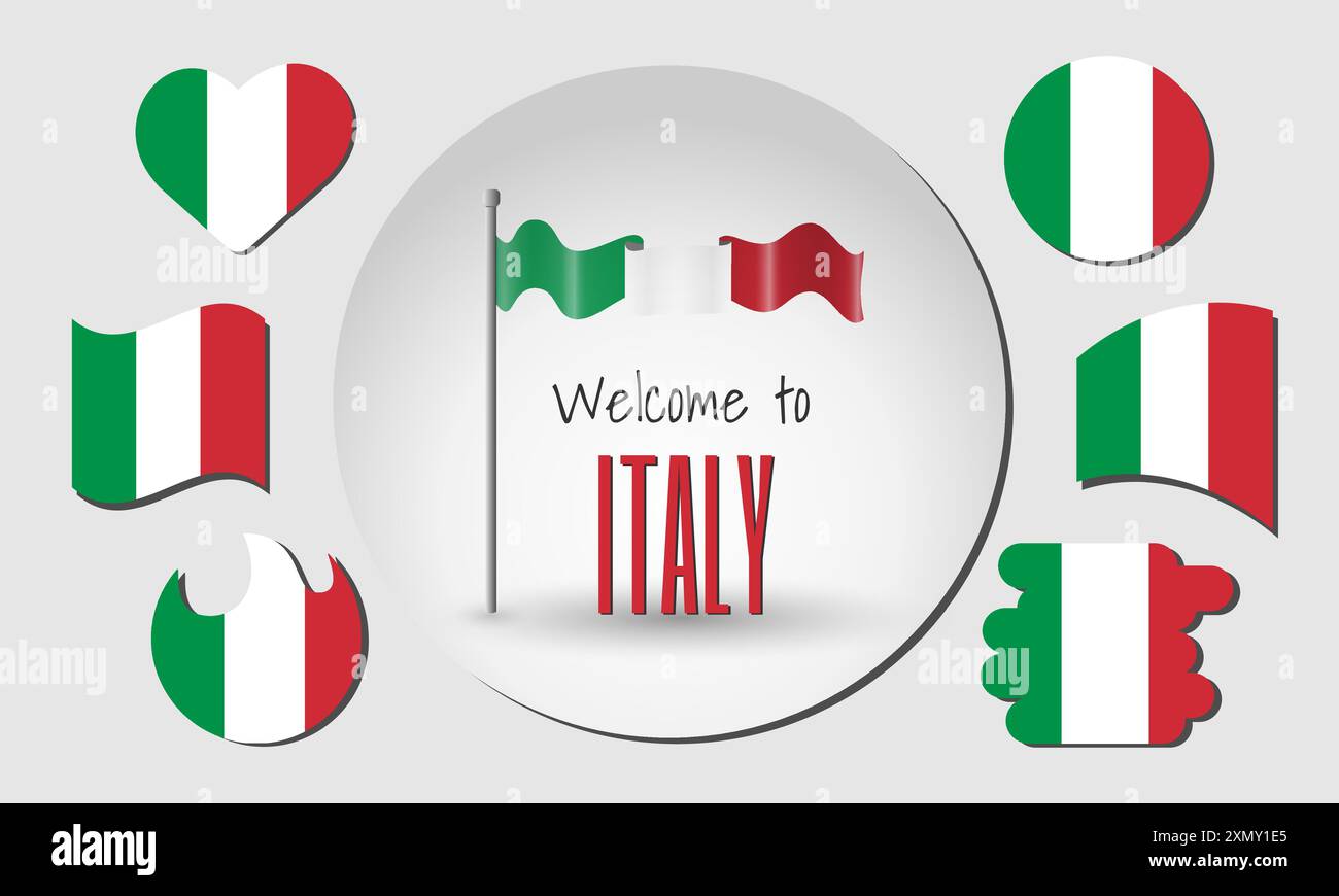 Set of Italy flags and waving Italy flag in vector with the inscription ...