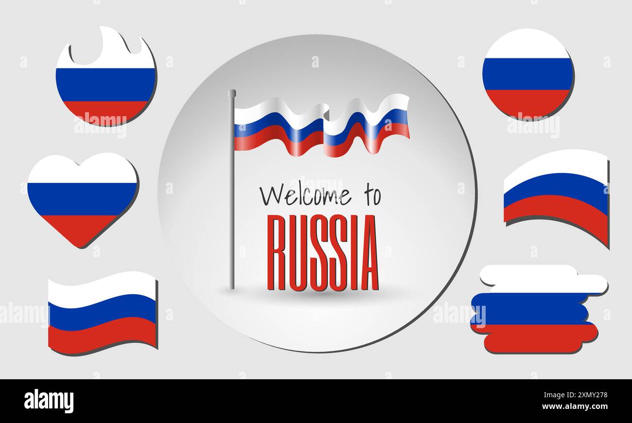 Set of Russian flags and waving Russian flag in vector with the inscription Welcome to Russia ...