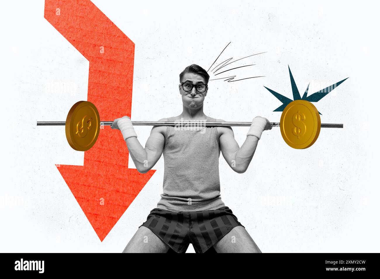 Composite photo collage of sportsman carry barbell coin inflation ...