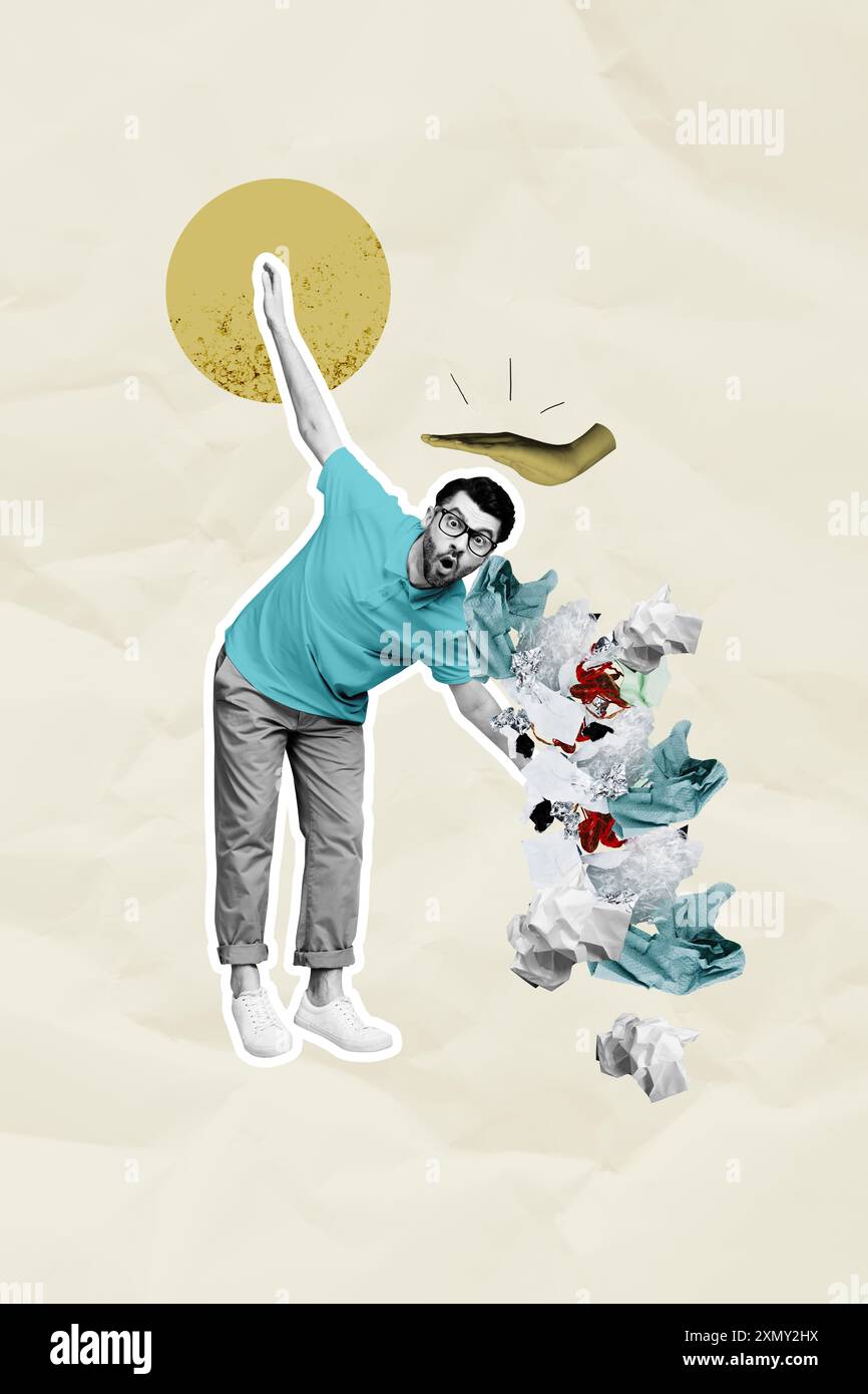 Vertical photo collage of astonished man volunteer pile garbage eco ...