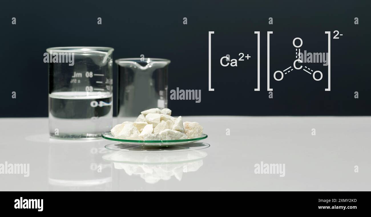 Calcium carbonate chip in chemical watch glass with molecular structure ...