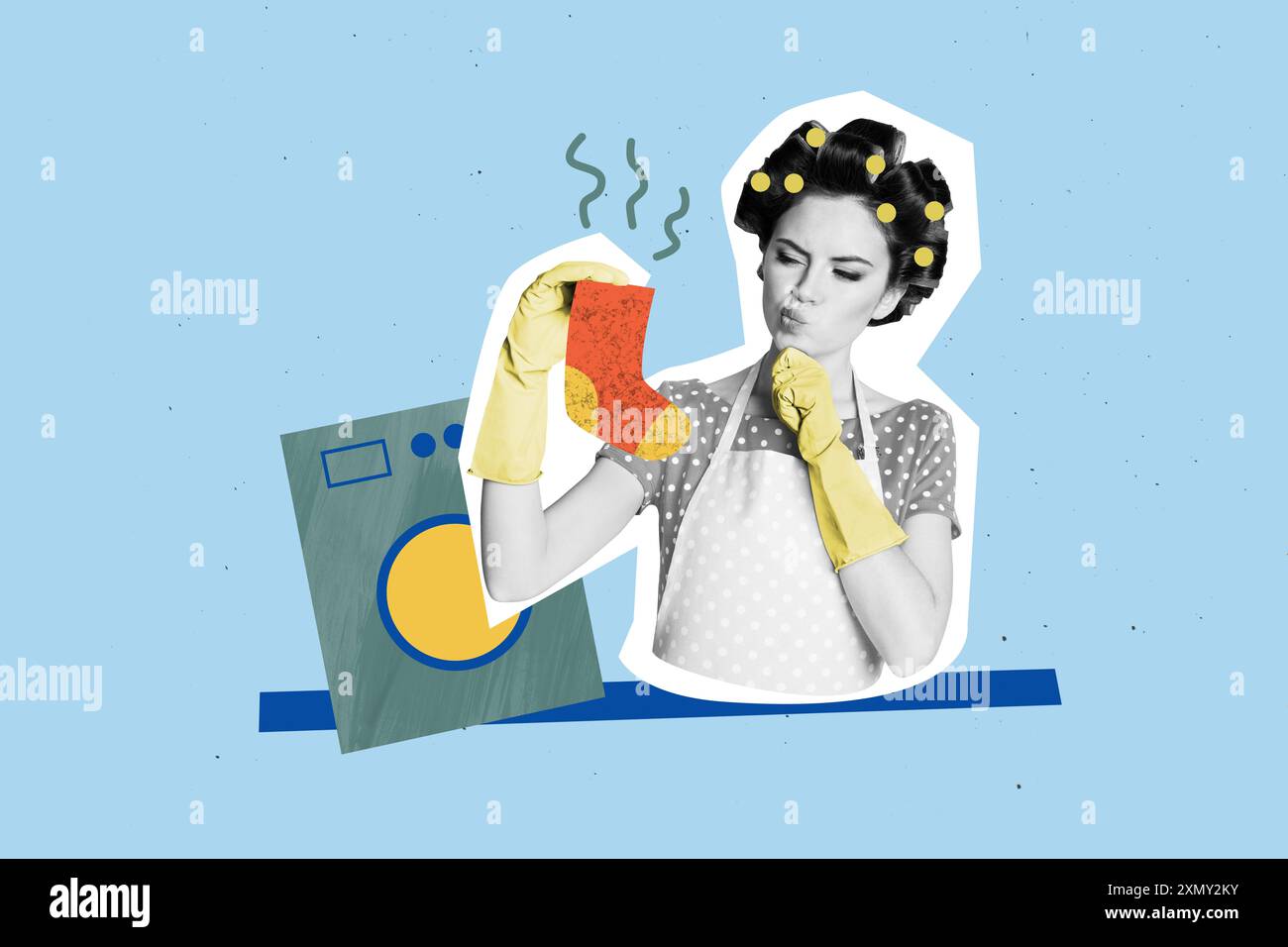 Composite photo collage of minded housemaid girl hold stinky sock dirty ...