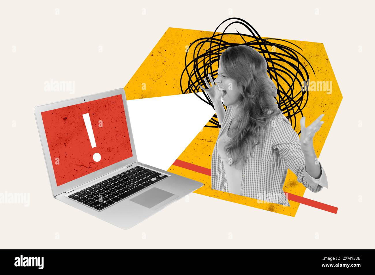 Composite collage image of angry confused female scream monitor ...