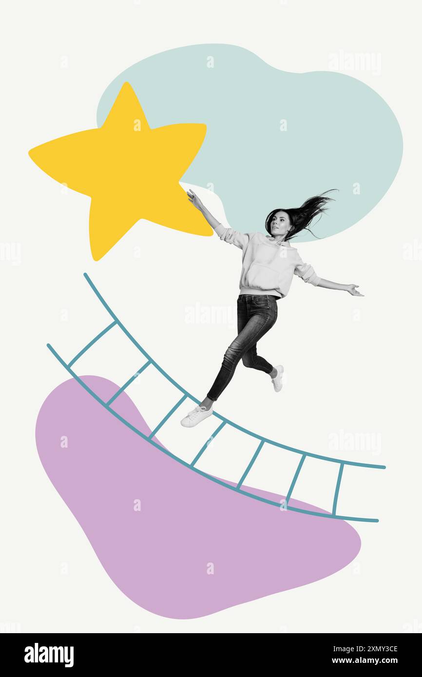 Vertical poster collage young woman achieve goal inspiration ladder ...