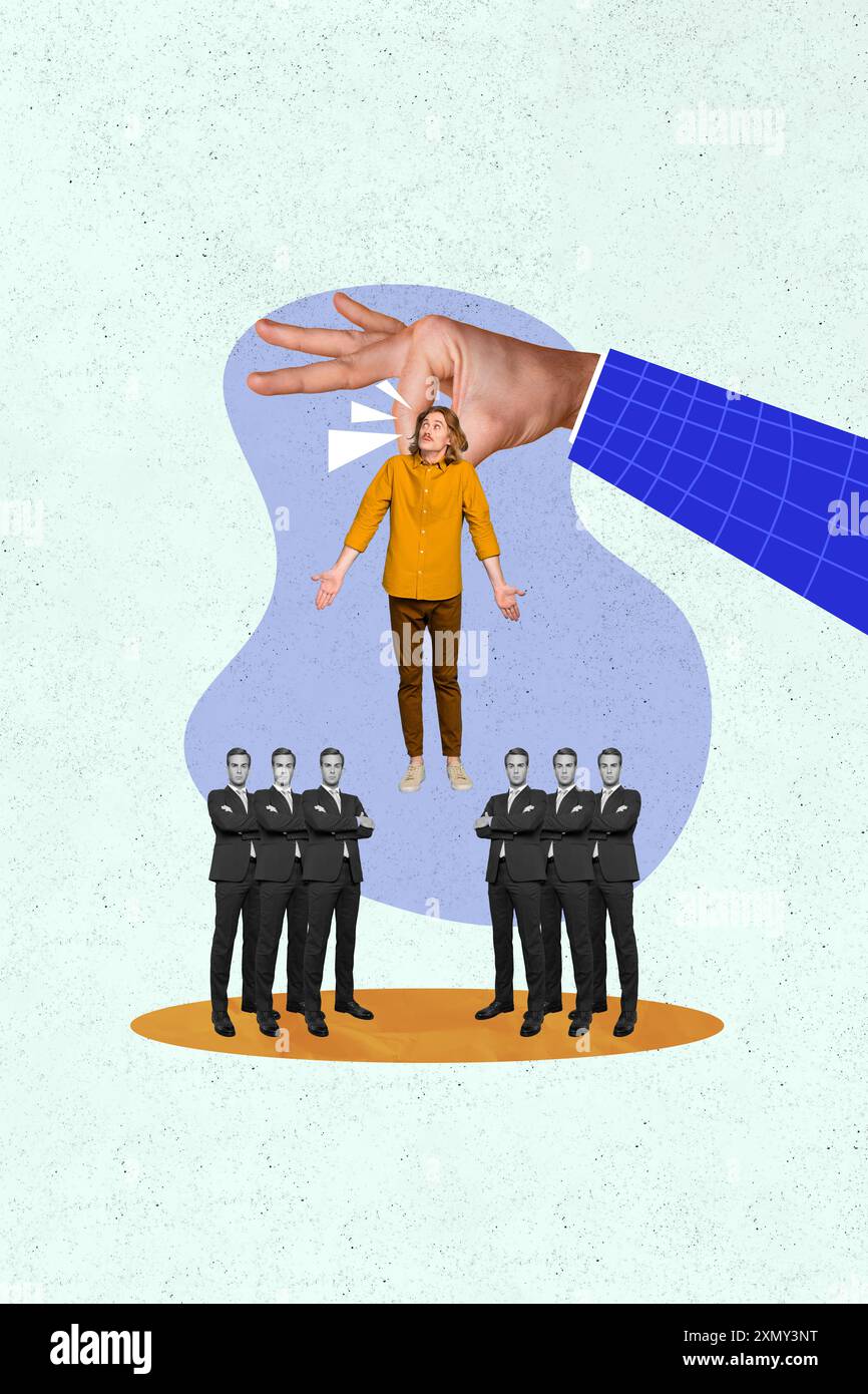 Vertical collage picture of young guy guilty worker hanging between ...