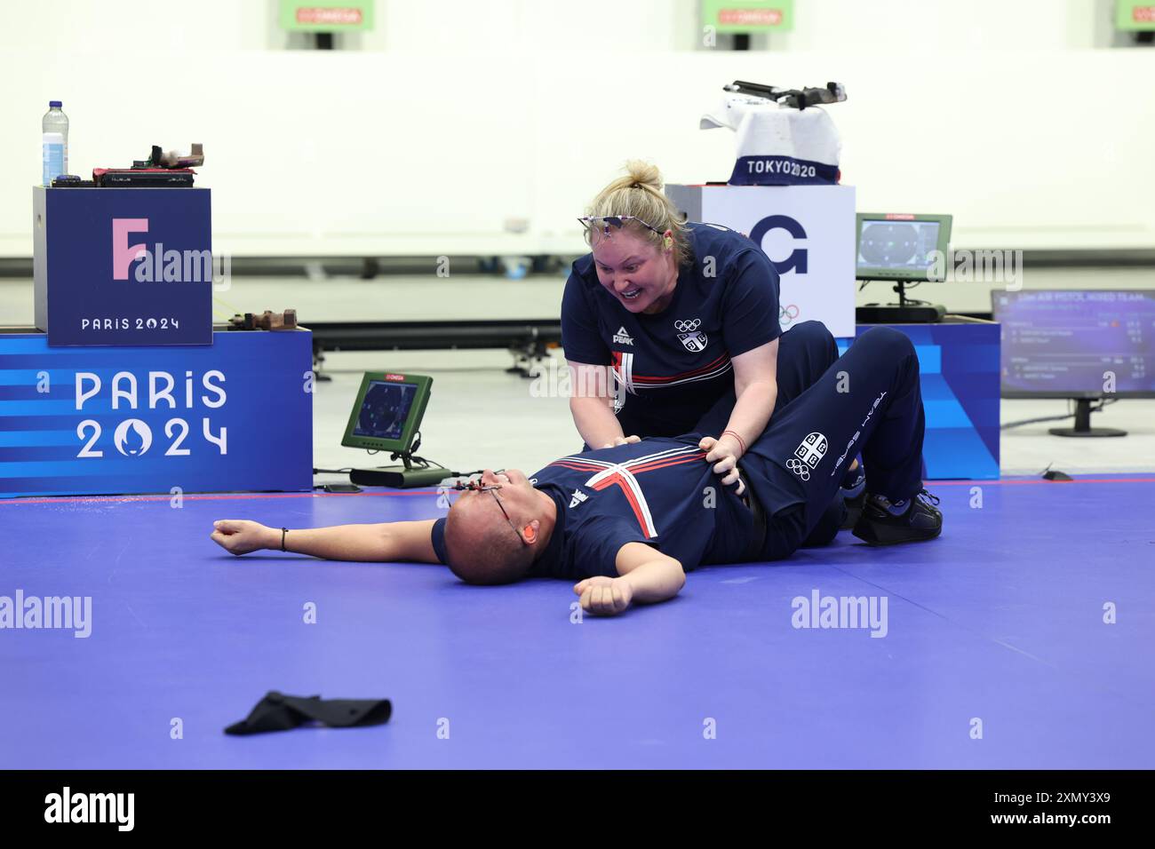 Chateauroux, France. 30th July, 2024. Zorana Arunovic (top)/Damir Mikec of Serbia celebrate ...