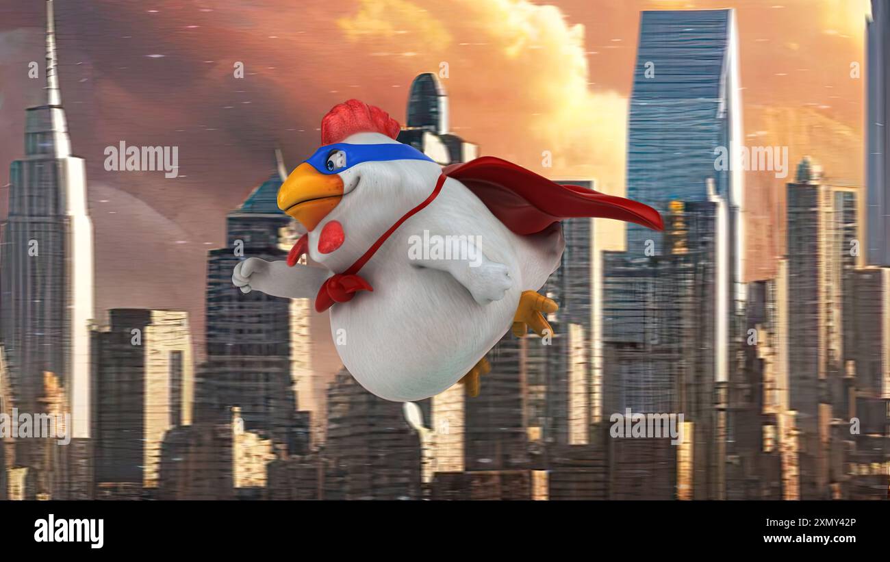 Fun 3D chicken superhero flying over a city Stock Photo - Alamy