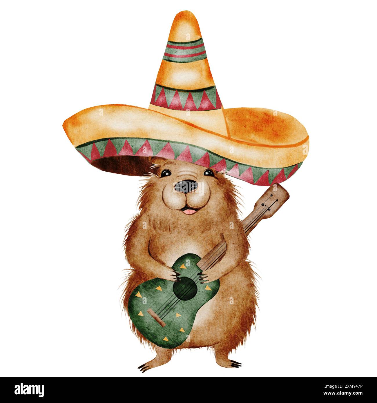 Capybara cartoon watercolor. A funny animal in a Mexican sombrero hat ...