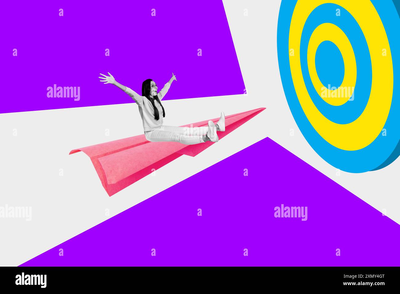 Composite collage image of flying female paper plane hit target have ...