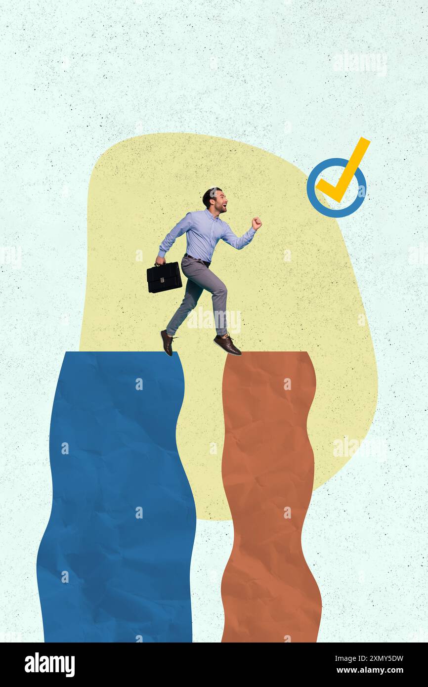 Vertical composite collage of young leader businessman running on ...