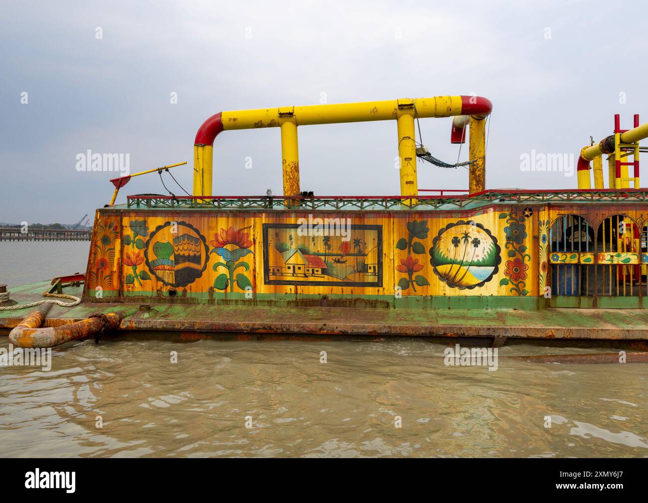 Sand dredger with Mecca decorations on a river, Chittagong Division ...