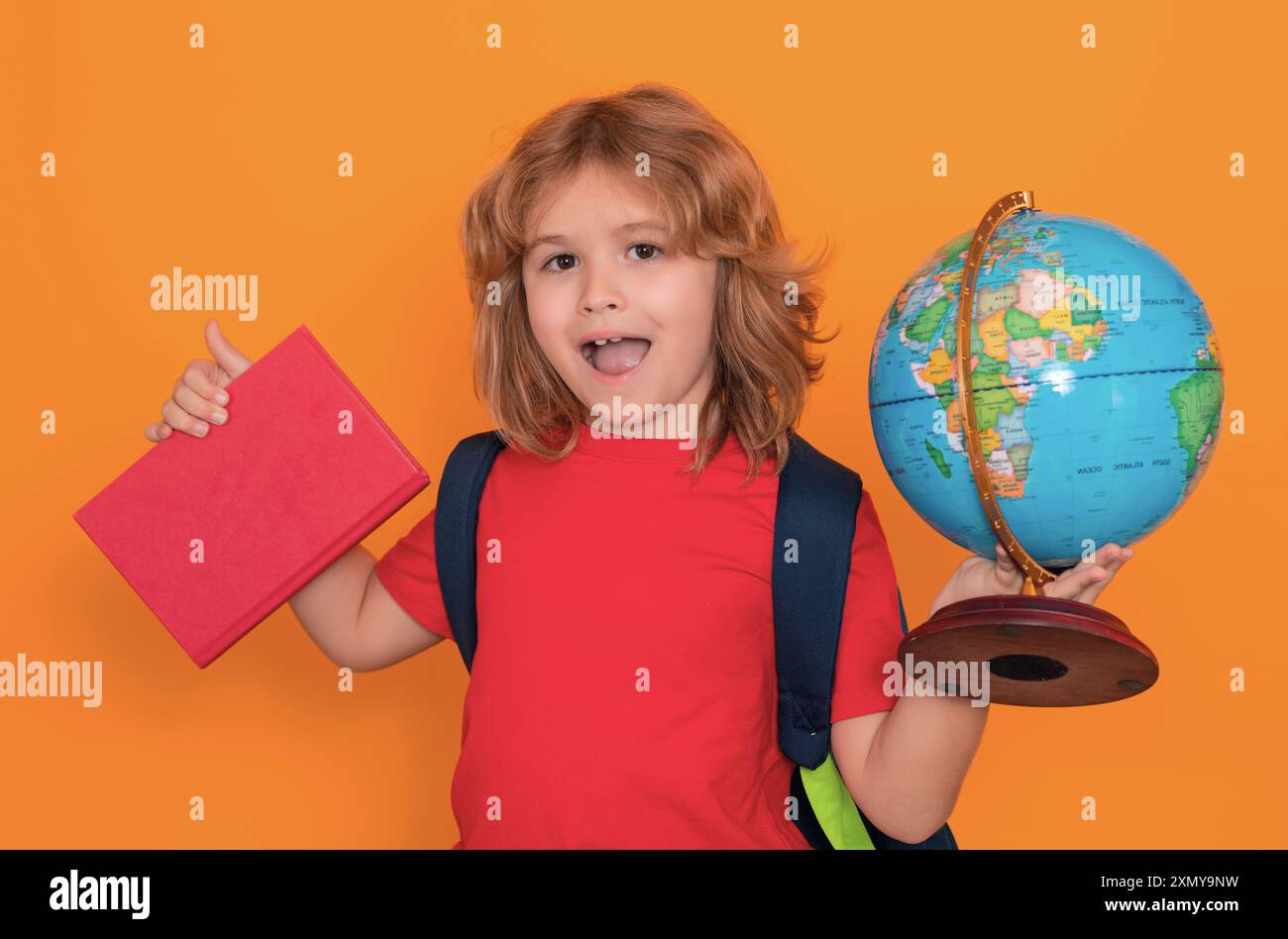 School children. School pupil with world globe and book. Studio ...