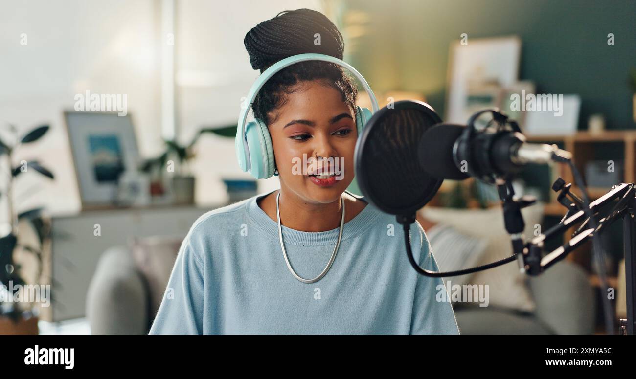 Podcast microphone, headphones and black woman talking for broadcast ...