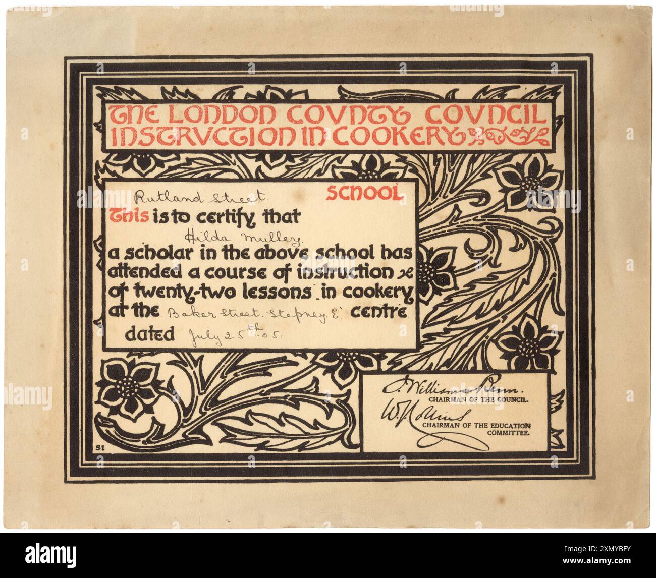Cookery School certificate, 1905 Stock Photo - Alamy