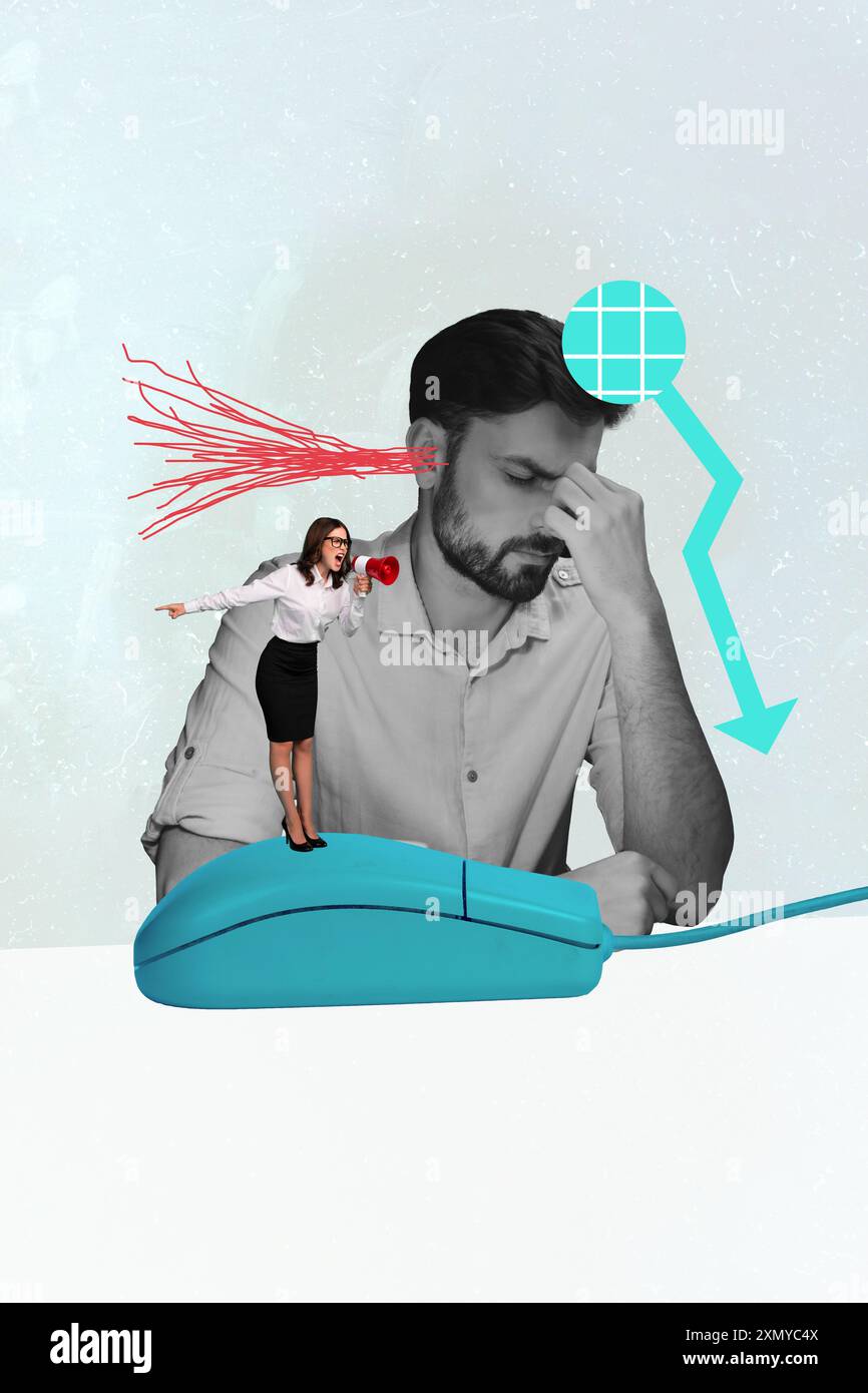Composite collage image of stressed tired worker bossy female manager ...