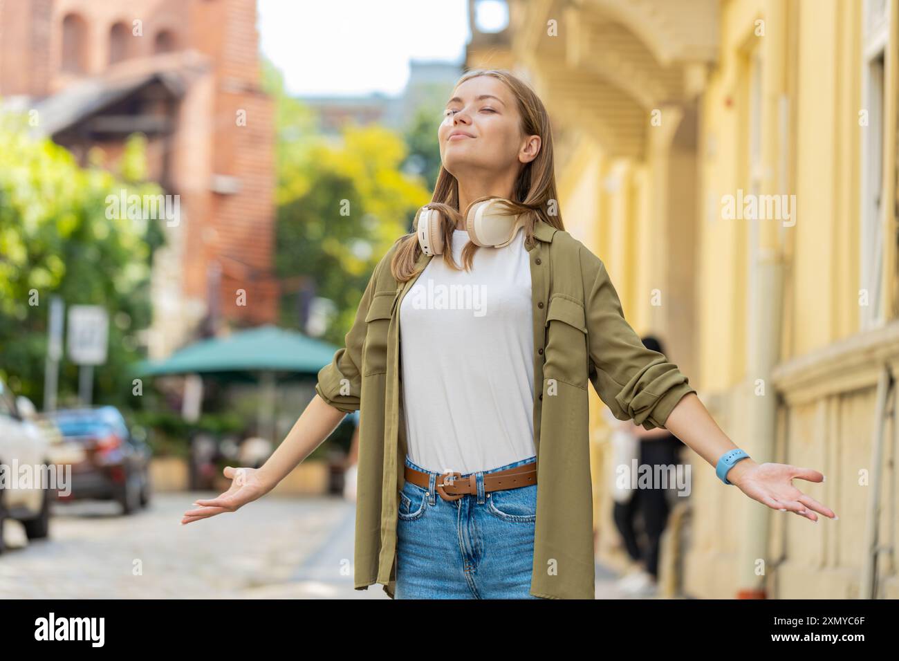 Woman taking deep breath zen hi-res stock photography and images - Alamy