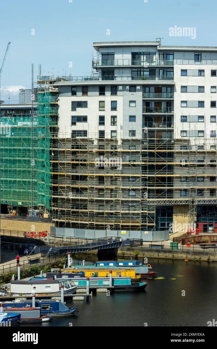 Scaffolding and screening on Magellan House at Leeds Dock in Yorkshire ...