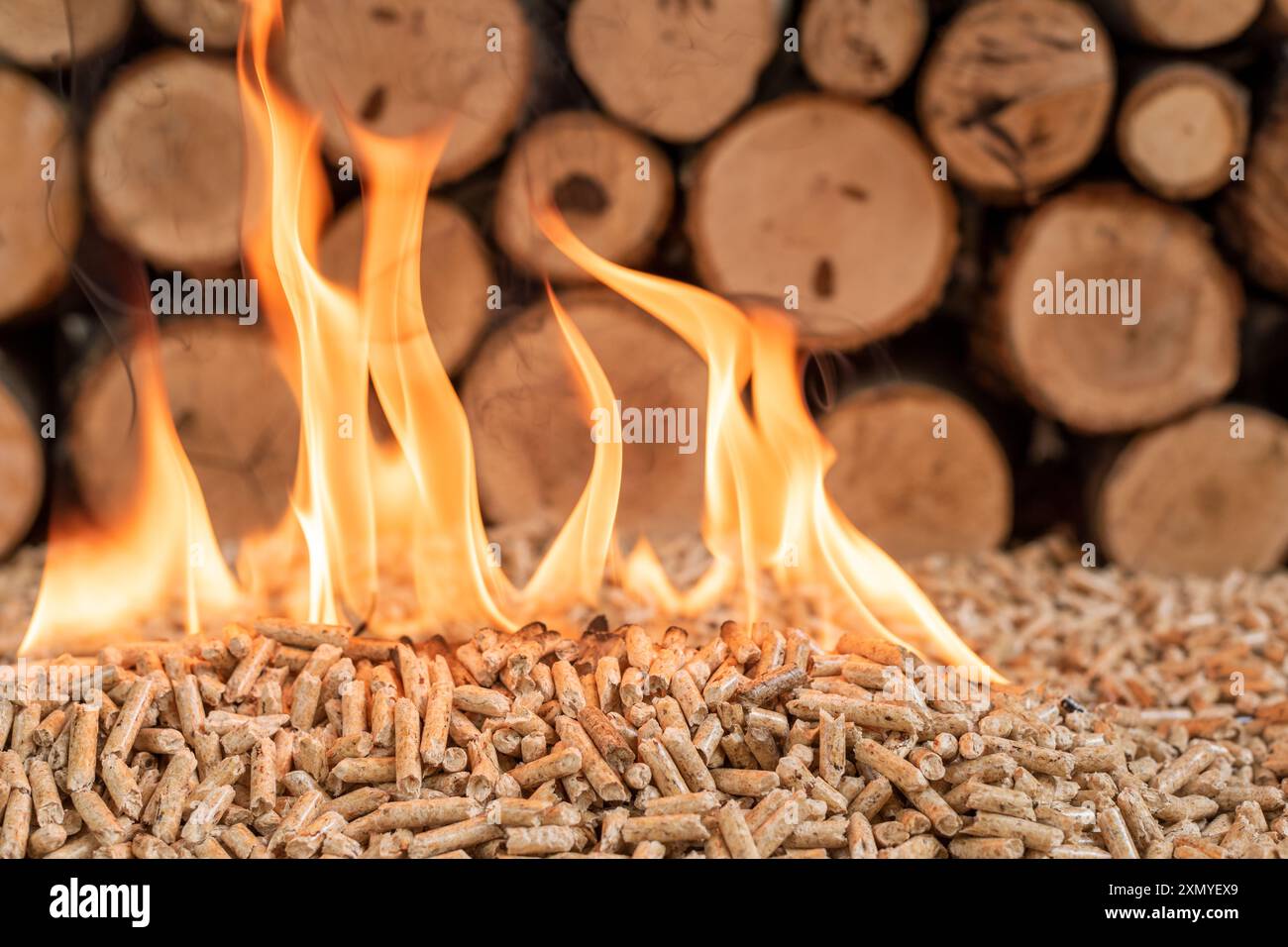 A pile of high quality pellets. The pellets are burning. The pile of ...