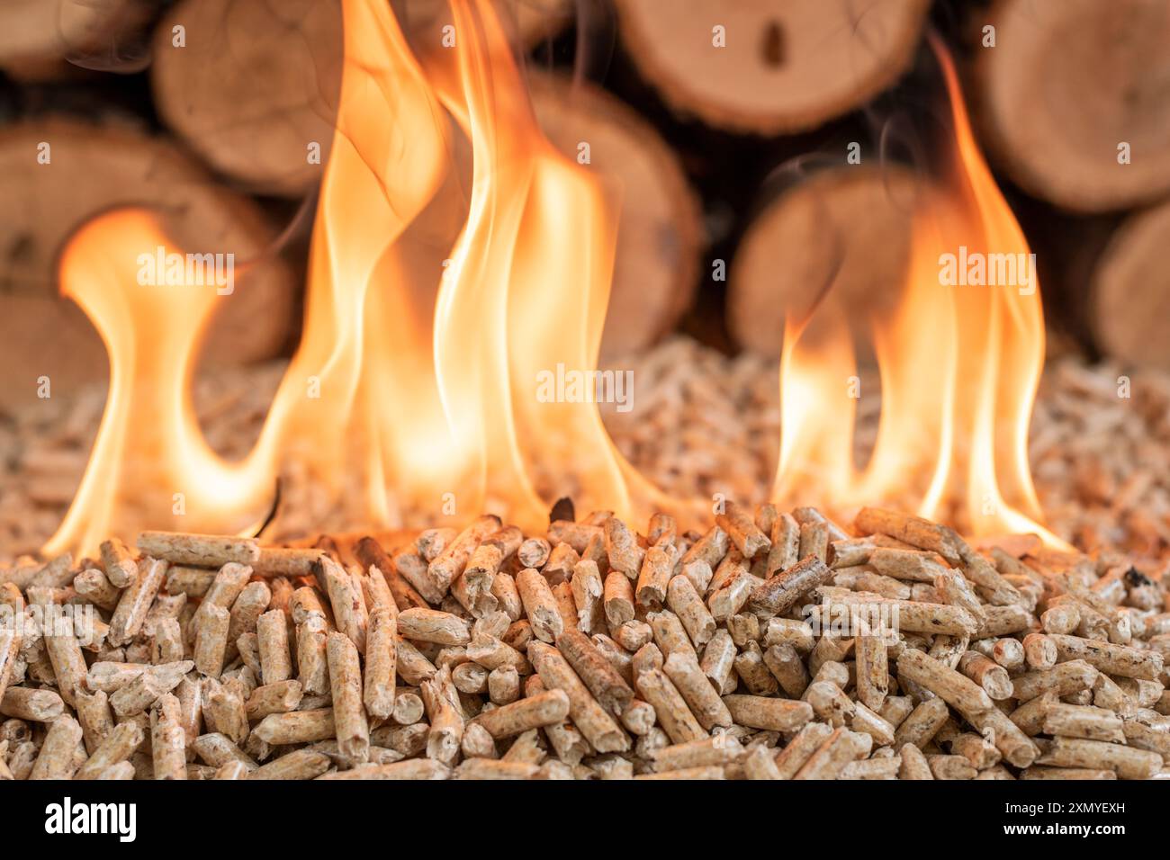 A pile of high quality pellets. The pellets are burning. The pile of ...