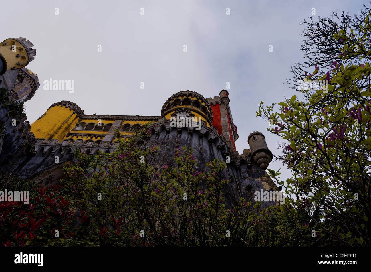 The vibrant yellow towers of Pena Palace rise above lush foliage Stock ...