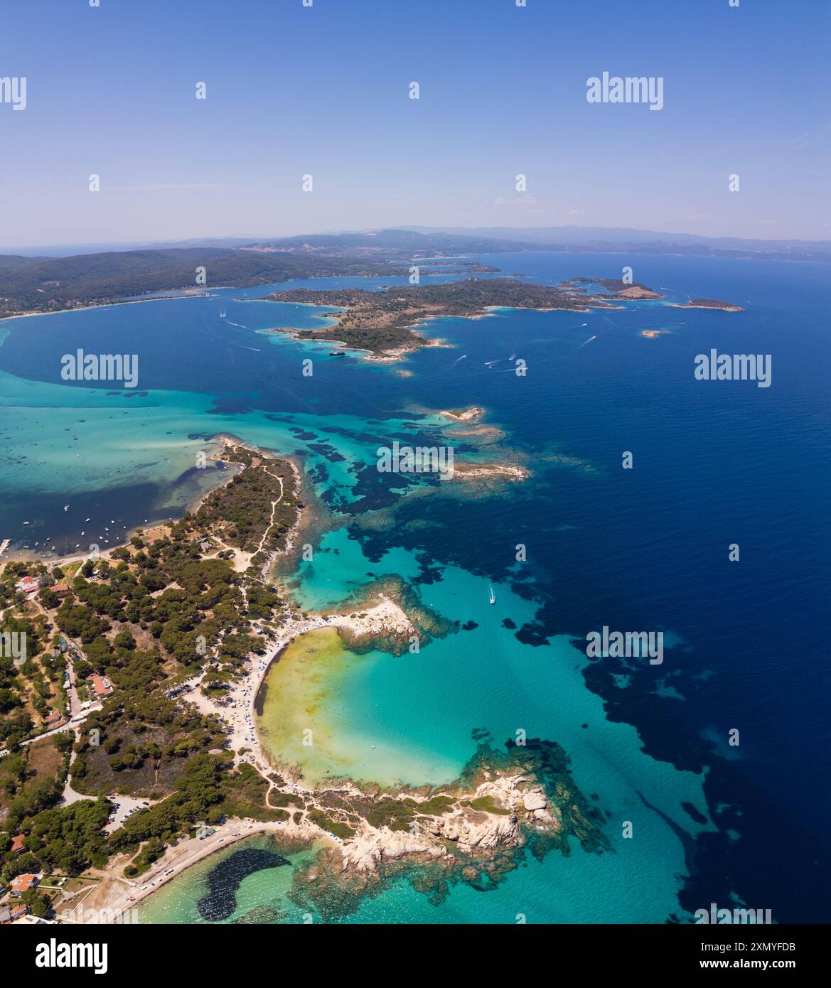 Aerial view of an island on Sithonia Peninsula, Greece, with beaches ...